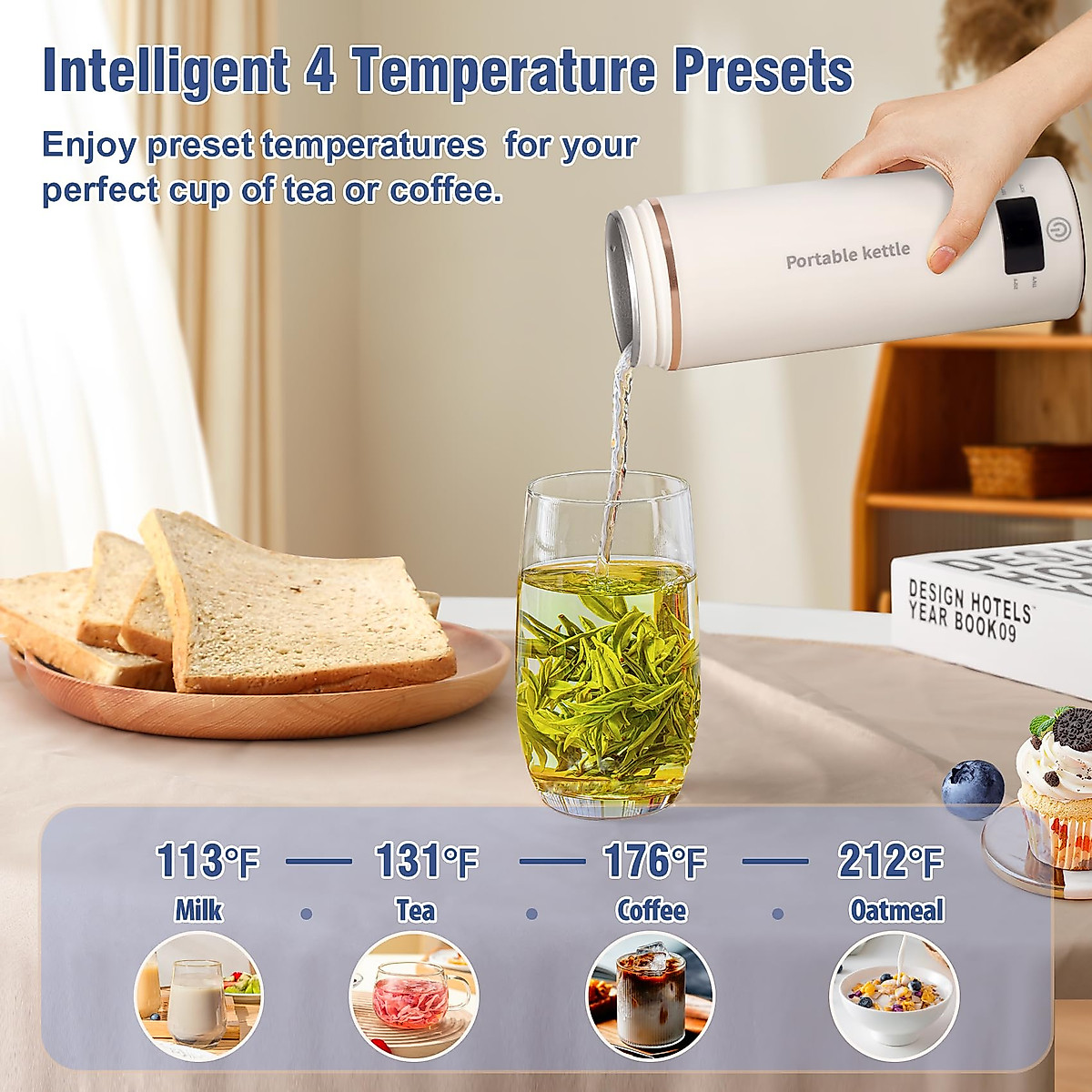 Travel Electric Kettle Portable Mini Kettle,Small Hot Water Boiler with 4 Temperature Settings,304 Stainless Steel,Fast Boiling Water with Auto Shut-Off and Boil Dry Protection (Beige, 400ML)