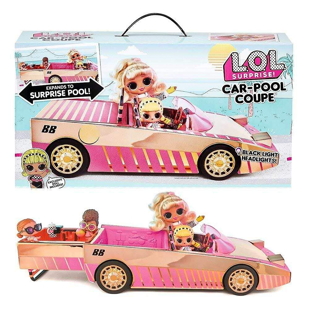 LOL Surprise Car Pool Coupe with Exclusive Doll, and Dance Floor - Toy Car Playset with Black Light Headlight and Play Set Accessories - Great Birthday Gift for Kids Ages 6-8 Years