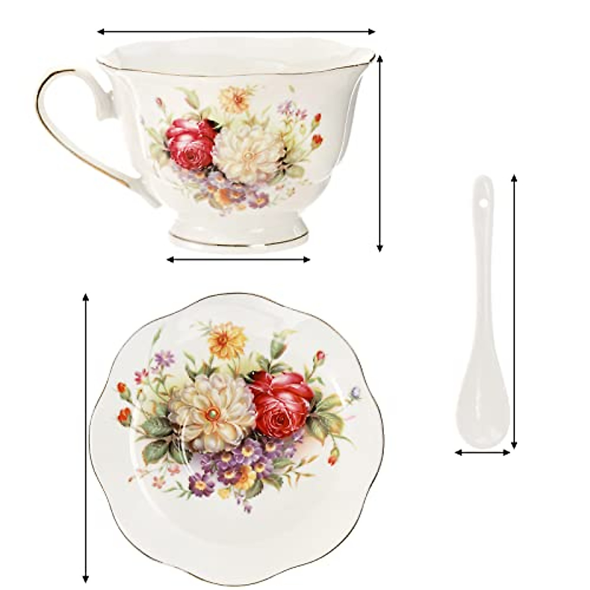 Foraineam Tea Cups and Saucers Set of 6, Floral Tea Cup Set with Gold Trim, 6 oz Porcelain Ivory Coffee Cups with Saucers and Spoons, Latte Cups and Espresso Mug for Coffee Drinks and Tea