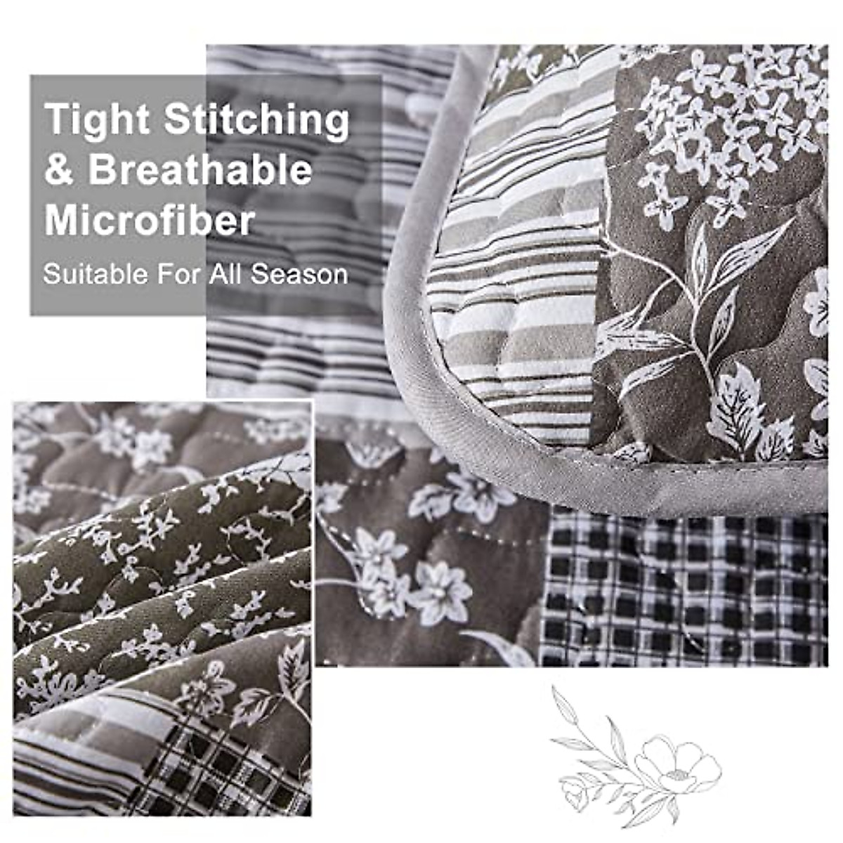 Mybedsoul Grey Boho Quilt Set Queen Size,3 Pieces Plaid Floral Bedspread Coverlet Set for All Season,Patchwork Reversible Bedding Set Queen 90"x96"