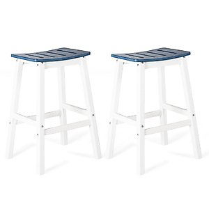 Aoodor Outdoor Bar Stools,Set of 2 Bar Chairs, 28 Inch HDPE Patio Counter Height Bar Stools with Footrest for Backyard, Garden, Lawn and Patio - Navy Blue and White