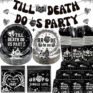 Bride or Die Bachelorette Party Decorations 188Pcs Halloween Bachelorette Party Decorations Til Death Do Us Part Decor Bride or Die Plates and Napkins for Bachelorette Skull Party Decorations