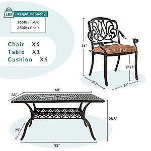 MEETWARM 7-Piece Outdoor Patio Dining Set, All-Weather Cast Aluminum Patio Conversation Set for Backyard Garden Deck with 6 Cushioned Chairs, 1 Rectangular Table, 2" Umbrella Hole, Dark Bronze