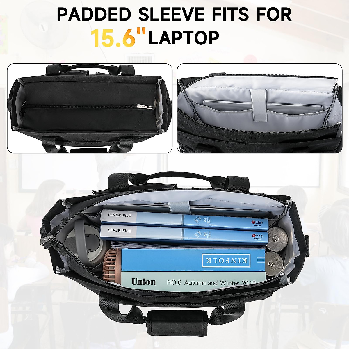 Jaffzora Teacher Tote Bag with Laptop Compartment,Extra Large Utility Work Tote Bag with 15 Pockets for Women,Nurse Bag, Black