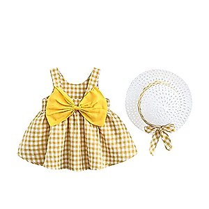 Little Girls Party Summer Tutu Dresses Bowknot Flower Dress with Straw Hat Princess Birthday Party Outfits Sundress Playwear Sandy Beach wear Photo Shoot Suit Yellow 18-24 Months