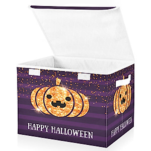 Krafig Halloween Pumpkin Decorative Storage Box with Lid Large Bins Baskets Foldable Cube Organizer Collapsible Containers for Organizing, Toy, Home, Shelf, Closet