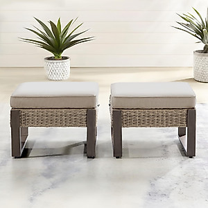 Joyside Patio Ottomans Outdoor Foot Rest-All Weather PE Rattan Ottomans Footstools with Removable Cushions & Anti-Rust Wood-Looking Legs for Garden Backyard Porch Deck (Beige)
