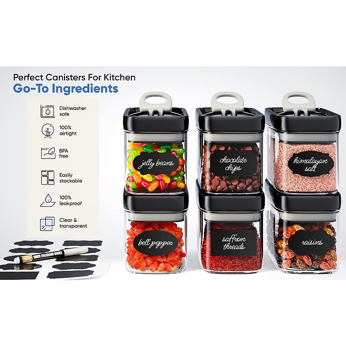 Chef's Path Airtight Food Storage Containers with Improved Lids, Set of 6, 1L Kitchen and Pantry Canisters for Coffee, Spices, and Dry Food, Includes Labels and Marker - Transparent, All Same Size