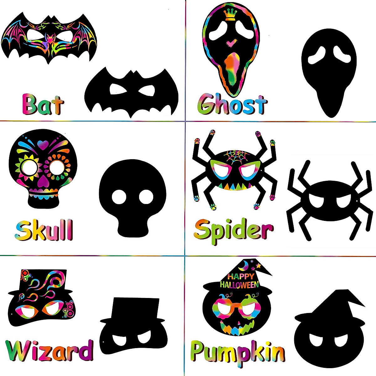 24 Pack Magic Scratch Paper Art Masks Set for Kids Rainbow Painting DIY Crafts Black Supplies Coloring Kits for Halloween Birthday Party Favors Creative Gift Bat Pumpkin Spider Wizard Hat Skull Ghost
