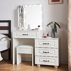 Vanity Set Dressing Table with Makeup Mirror & 10 Light Bulbs, White Vanity Table with Drawers & Cushioned Stool for Bedroom Modern (H1951)
