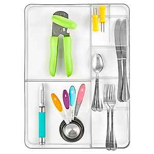 mDesign Modern Plastic Kitchen In-Drawer Cutlery and Utensil Organizer Tray Box for Kitchen Drawers/Pantry - Holds Knives, Spoons, Forks in Angled Compartments - 7 Sections - Clear