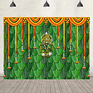 Ticuenicoa India Pooja Traditional Backdrop 7x5ft Banana Leaf Green Chatiya Ganesh Photography Background Puja Ganpati Pooja Mehndi backdrops Wedding Party Decorations Marigold Garlands Photo Props