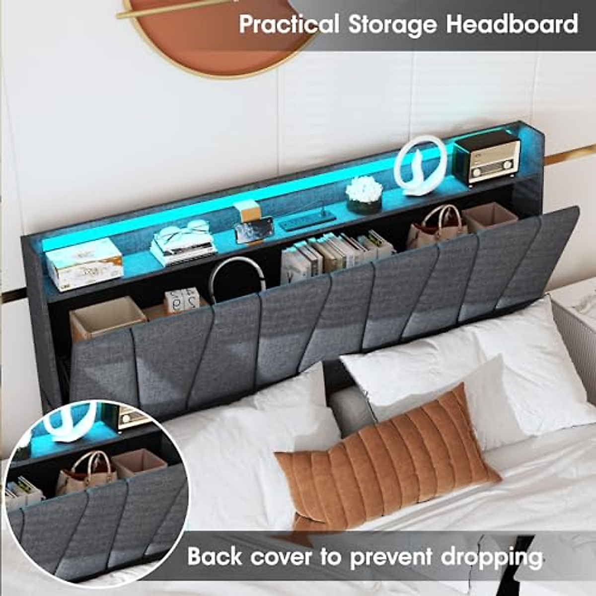 LED Queen Size Bed Frame with Storage Headboard and Charging Station,Upholstered Platform Bed with 3 Storage Drawers,Queen Bed Frame with LED Lights,No Box Spring,Noise-Free,Charcoal Gray