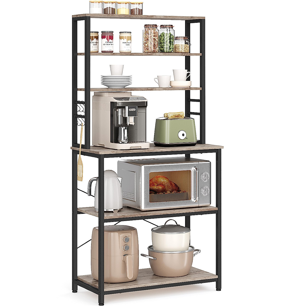 VASAGLE Coffee Bar, 31.5 Inches Baker's Rack for Kitchen with Storage, 6-Tier Kitchen Shelves with 6 Hooks, Microwave Stand, Industrial, Greige and Black UKKS019B02
