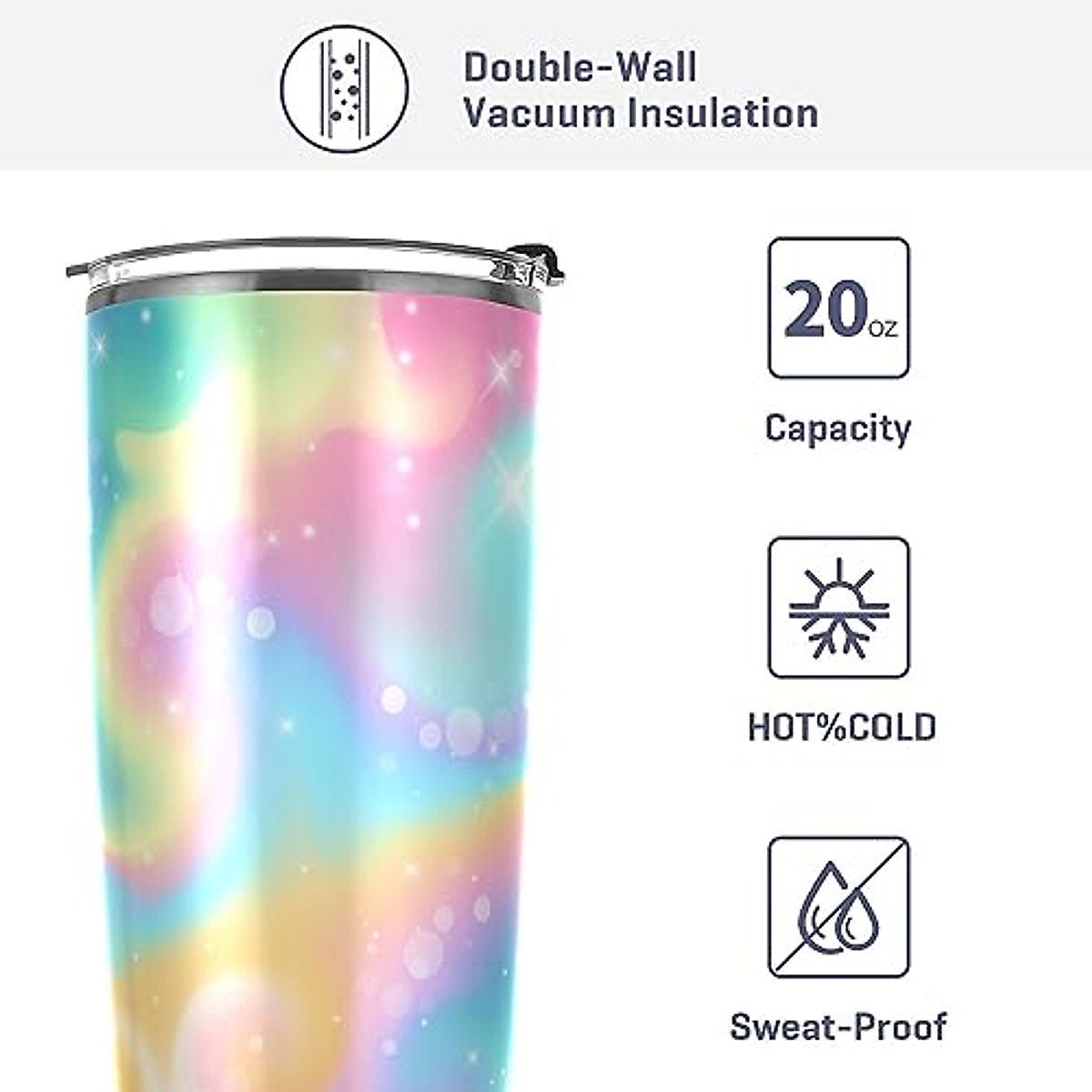 Jihqo Multicolor Rainbow Galaxy Tumbler with Lid and Straw, Insulated Stainless Steel Tumbler Cup, Double Walled Travel Coffee Mug Thermal Vacuum Cups for Hot & Cold Drinks 20oz