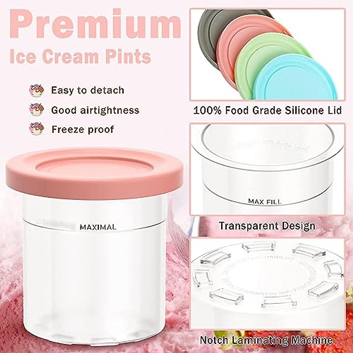 UNDR 2/4/6PCS Creami Containers, for Ninja Creami Pint,16 OZ Ice Cream Containers for Freezer Reusable,Leaf-Proof Compatible with NC299AMZ,NC300s Series Ice Cream Makers,Pink+Green-2PCS
