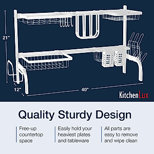 Kitchen Lux Over The Sink Dish Drying Rack - Kitchen Counter Dishes Drainer and Hanging Storage Organizer for Single, Wide, Double Sinks - Space Saving Design, Utensil Holder, Hooks Plate & Cup Rack