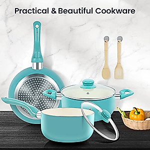 Pots and Pans Set Ultra Nonstick, Pre-assembled 7 Piece Ceramic Cookware Sets, Non Toxic Pots and Pans, Stay Cool Handle & Bamboo Kitchen Utensils, Gas/Induction Compatible, 100% PFOA Free, Turquoise