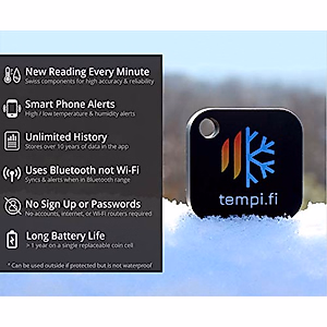 tempi.fi Mini Wireless Temperature and Humidity Sensor - Developed in The USA - 24/7 Data Logger with Alarm – Bluetooth Smart Thermometer and Hygrometer - Monitor Refrigerator Freezer Pets (T3)