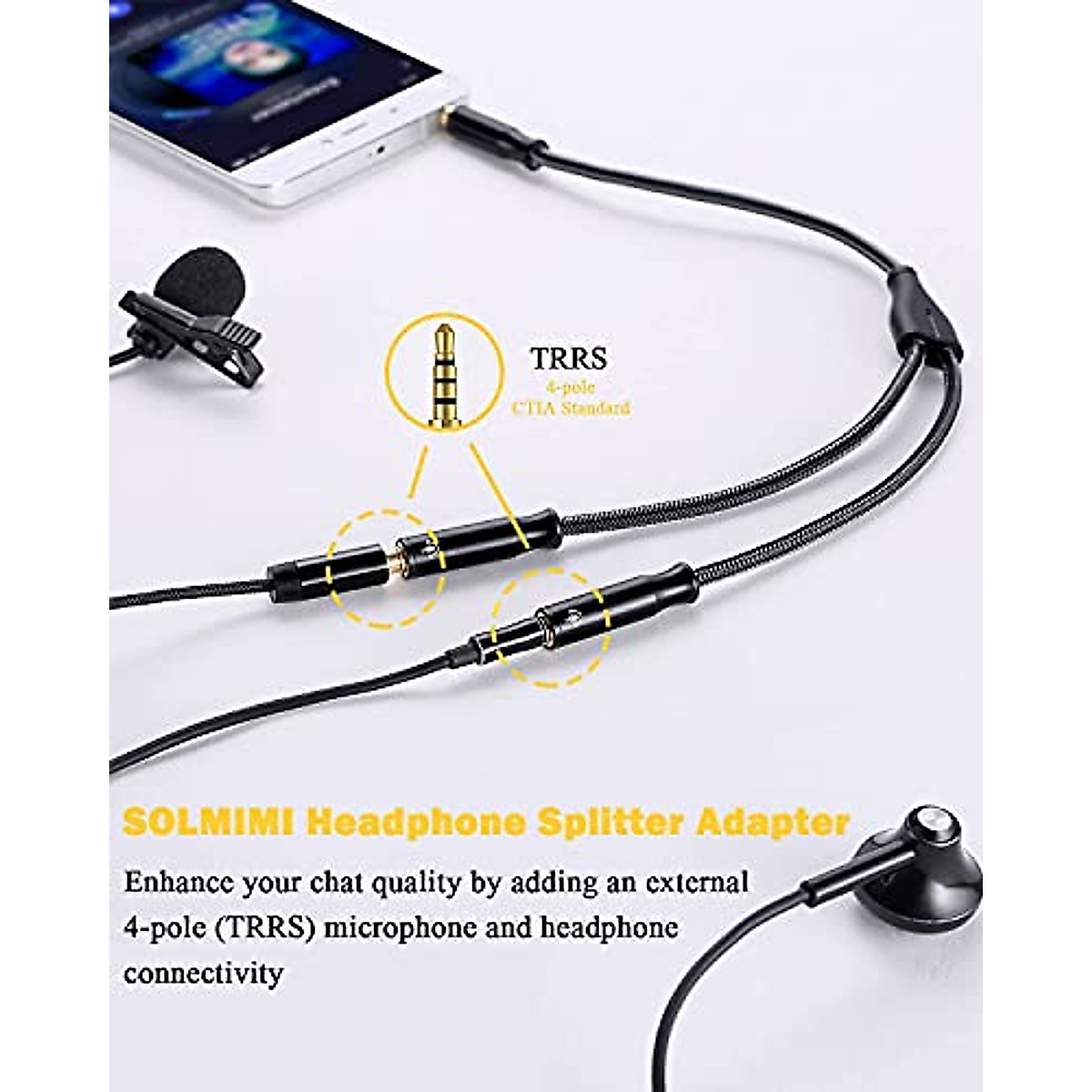SOLMIMI Headphone Splitter 3.5mm TRRS Stereo Audio Y Splitter Braided 4-Pole Male to 2-Female Dual Headphone Jack Splitter Adapter for Headset PC Smartphone Xbox PS4 & More - Matte Black(1ft-30cm)