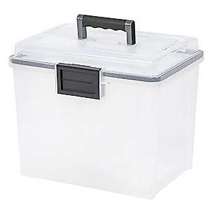 IRIS USA 19 Quart WEATHERPRO Plastic Office Storage Portable Letter Size File Box with Organizer-Lid and Seal and Secure Latching Buckles, Weathertight, Clear with Black Buckle, 1 Pack