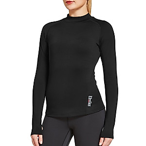FitsT4 Sports Women's Thermal Tops Long Sleeve Fleece Lined Shirts Mock Neck Workout Running Cold Weather Gear Thumbholes Black L