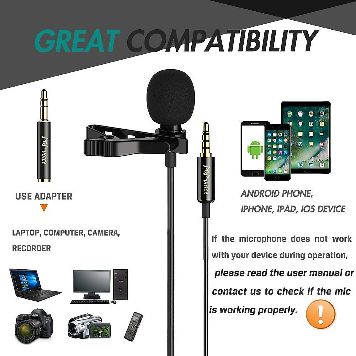 PoP voice Professional Lavalier Microphone with 8 Feet Extension Cable for iPhone PC Mac YouTube Interview Video