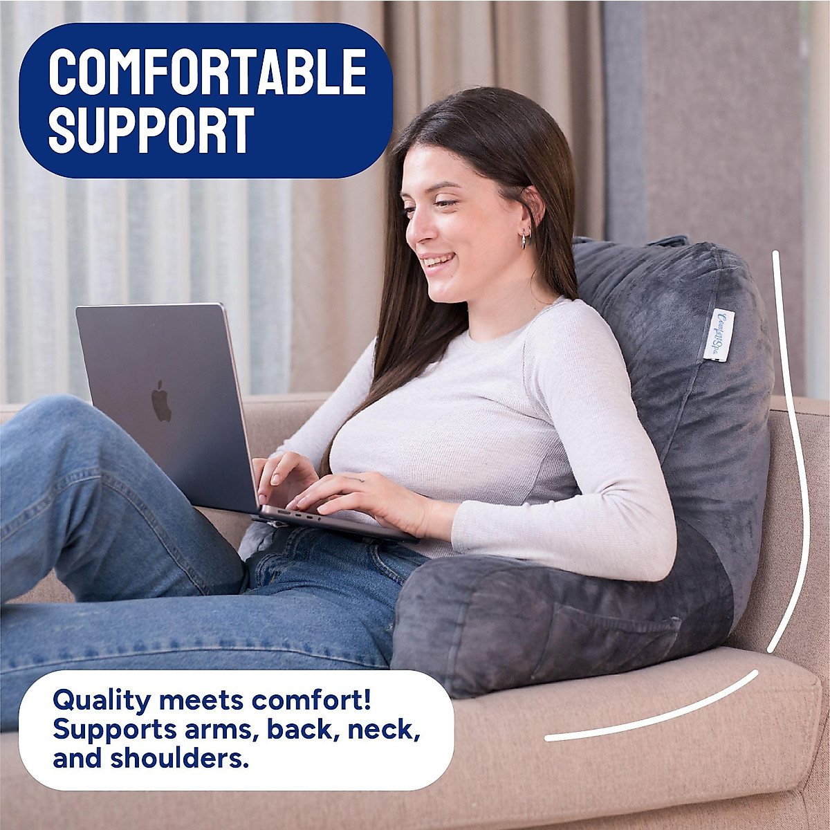 ComfortSpa Reading Pillow Bed Wedge Large Adult Backrest Lounge Cushion with Arms and Pockets | Back Support for Sitting Up in Bed / Couch for GERD Heartburn Bedrest (Grey)