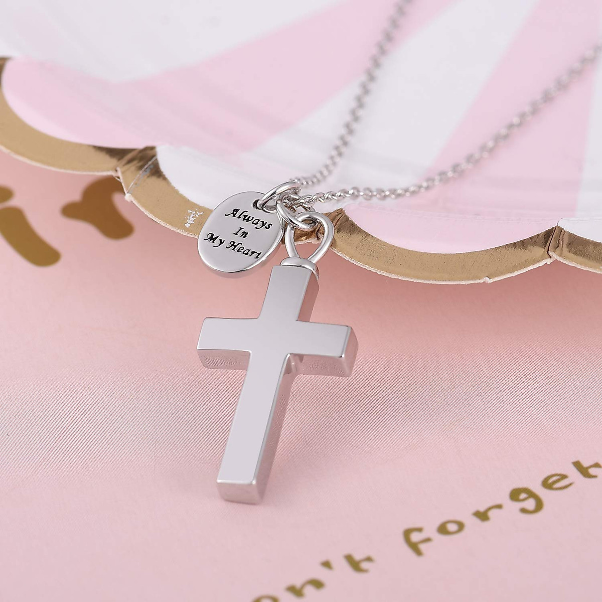 BEILIN S925 Sterling Silver Cross Urn Necklace for Women Men - Keepsake Memorial Cross Cremation Jewelry for Ashes(Always in my heart)
