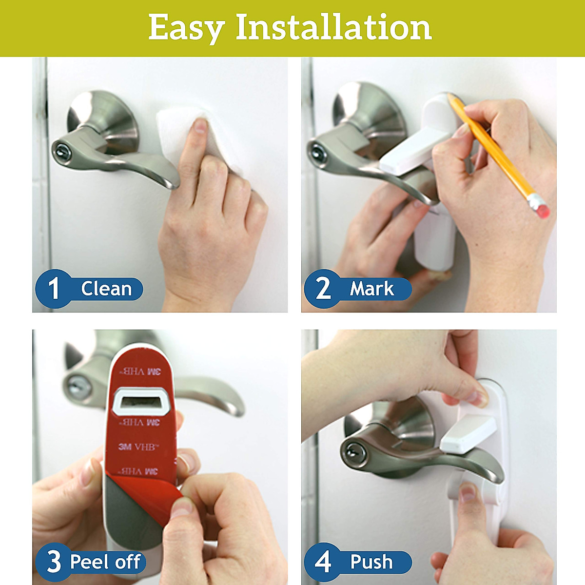 Door Lever Lock (3 Pack) Prevents Toddlers from Opening Doors. 3.25" L * 1.5" W * 4.5" H Easy One Hand Operation for Adults. Durable ABS with 3M Adhesive Backing. Simple Install, No Tools Needed.