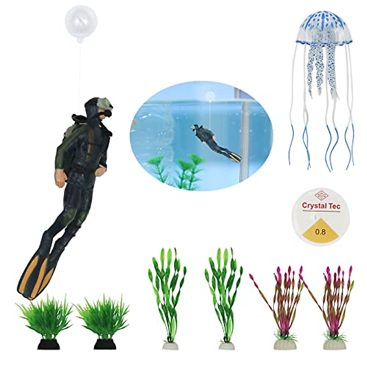 suruikei 8Pcs Fish Tank Decoration Set, Fishtank Diver Floating Decoration Aquarium Jellyfish Ornament Aquarium Artificial Plastic Plants Realistic for Various Kinds of Fish Tanks (H01)