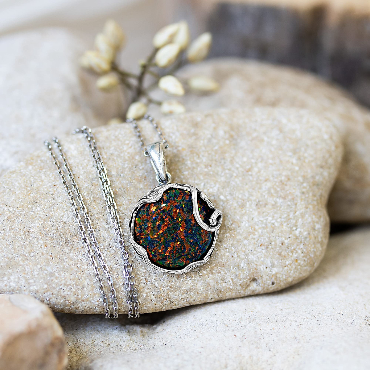 925 Sterling Silver Black Fire Opal Vintage Style Large Pendant; Libra October Birthstone; Dainty Black Stone Pendant; Handmade Antique Style Black Opal Necklace For Classy Women
