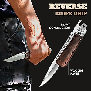 Grand Way 12.2" Retro Folding Knife with Wood Handle & Leather Sheath - 7.8" Long Foldable Sharp Blade - Large Pocket Knife for Men Camping Hunting Survival Work 12 KG…