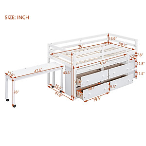 Kids Twin Low Loft Bed with Storage, Twin Size Loft Bed with Portable Desk and 4 Drawers, Wood Twin Loft Bed with Shelves, Modern Farmhouse Junior Loft Bed for Kids Boys Girls, White