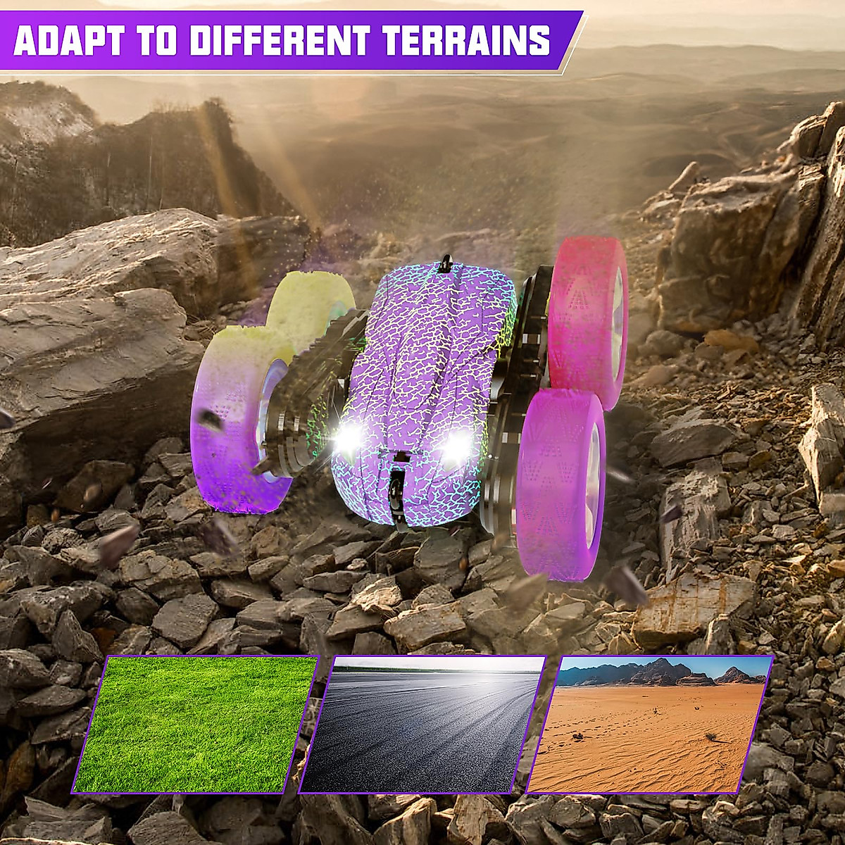 28℃ Remote Control Car Stunt RC Cars, 4WD Rechargeable RC Truck with Headlights Wheel Lights, Double Sided 360 Flips Stunt Toy Car for Kids Boys Girls 6 Year Old Christmas Birthday Gift (Purple)