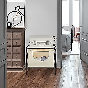 ELYKEN 2 Pack Luggage Rack with Laundry Bag, Guest Room Folding Space Saving Suitcase Holder, Max 110LBS Baggage Shelf with Heavy Duty Nylon Belts, Dirty Clothes Storage for Bedroom Hotel