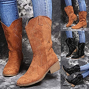 White Cowboy Boots Women Sparkly Retro Zipper Square Heel Middle Round Toe Shoes High Heel Cowgirl Boots Low Heel Pointed Toe Outdoor Boots Women