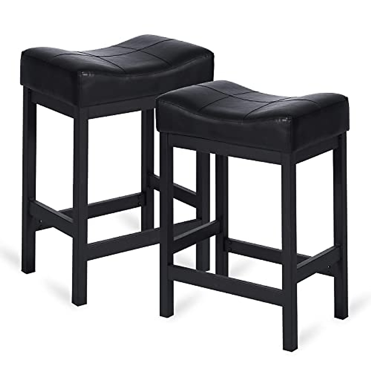 KATDANS Bar Stools Set of 2 - Counter Height Stools - 24 Inch Saddle Stool - PU Leather Kitchen Stools - Black Seat - Black Metal Base, KS861P-Black