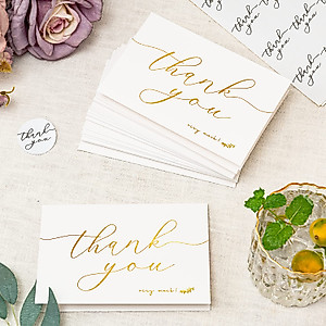 Crisky 50 Pcs Gold Foil Thank You Cards With 50 Envelopes & 50 Stickers Simple, Chic, Elegant Greeting Cards Perfect for: Wedding/Business/Birthday/Graduation etc. 4 x 6 inches 50 Pack
