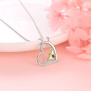 925-Sterling-Silver Heart Honeycomb Bee Necklace - Embellished With Zirconia Queen Bee Jewelry,Plated White Gold + 18K Gold Cute Animal Bumblebee Pendant Gift for Women & Honeybee Lover