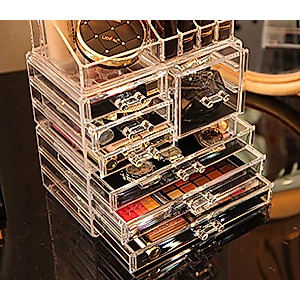 Cq acrylic Clear Makeup Storage Organizer Drawers Skin Care Large Cosmetic Display Cases Stackable Storage Box With 7 Drawers For Dresser,Set of 3