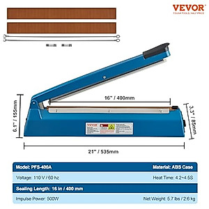 VEVOR Impulse Sealer 16 inch, Manual Heat Seal Machine with Adjustable Heating Mode, ABS Shrink Wrap Bag Sealers for Plastic Mylar PE PP Bags, Portable Poly Bag Sealing Machine with Extra Replace Kit