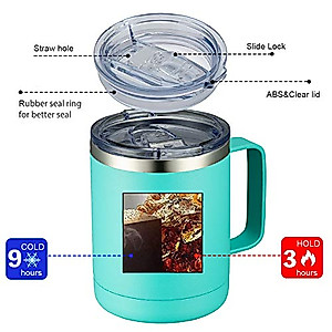 MEWAY 12oz Coffee Mug With Handle and Sliding Lid,Stainless Steel Travel Tumbler Cup with Handle,Double Wall Vacuum Insulated Camping Cup for Hot & Cold Drinks Tea (Light Green,Set of 1