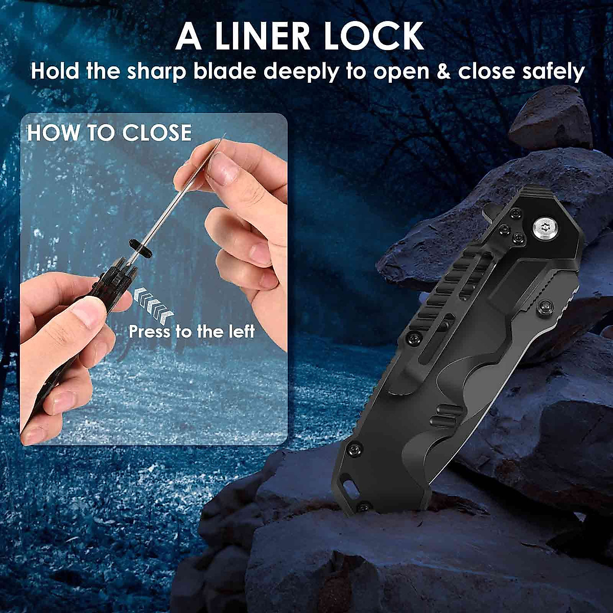 BRILLIRARE Pocket Knife, Folding Tactical Knives Blade 2.6in, Foldable Survival Small Knife with Clip, Button Lock & Glass Breaker, Everyday Carry EDC Knife for Hunting Camping Hiking