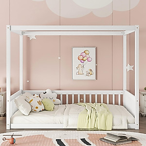 Full Size Canopy Bed Frame with Guardrails for Kids,Floor Bed Full with Four Poster Design,Kids Montessori Floor Bed,Wood Canopy Bed Frame for Girls,Boys(Full,White)
