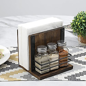 MyGift Rustic Burnt Solid Wood Napkin Holder and Salt & Pepper Caddy, 4 Piece Set Dining Tabletop Napkin Dispenser with Condiment Caddy and 3 Glass Bottle Shakers