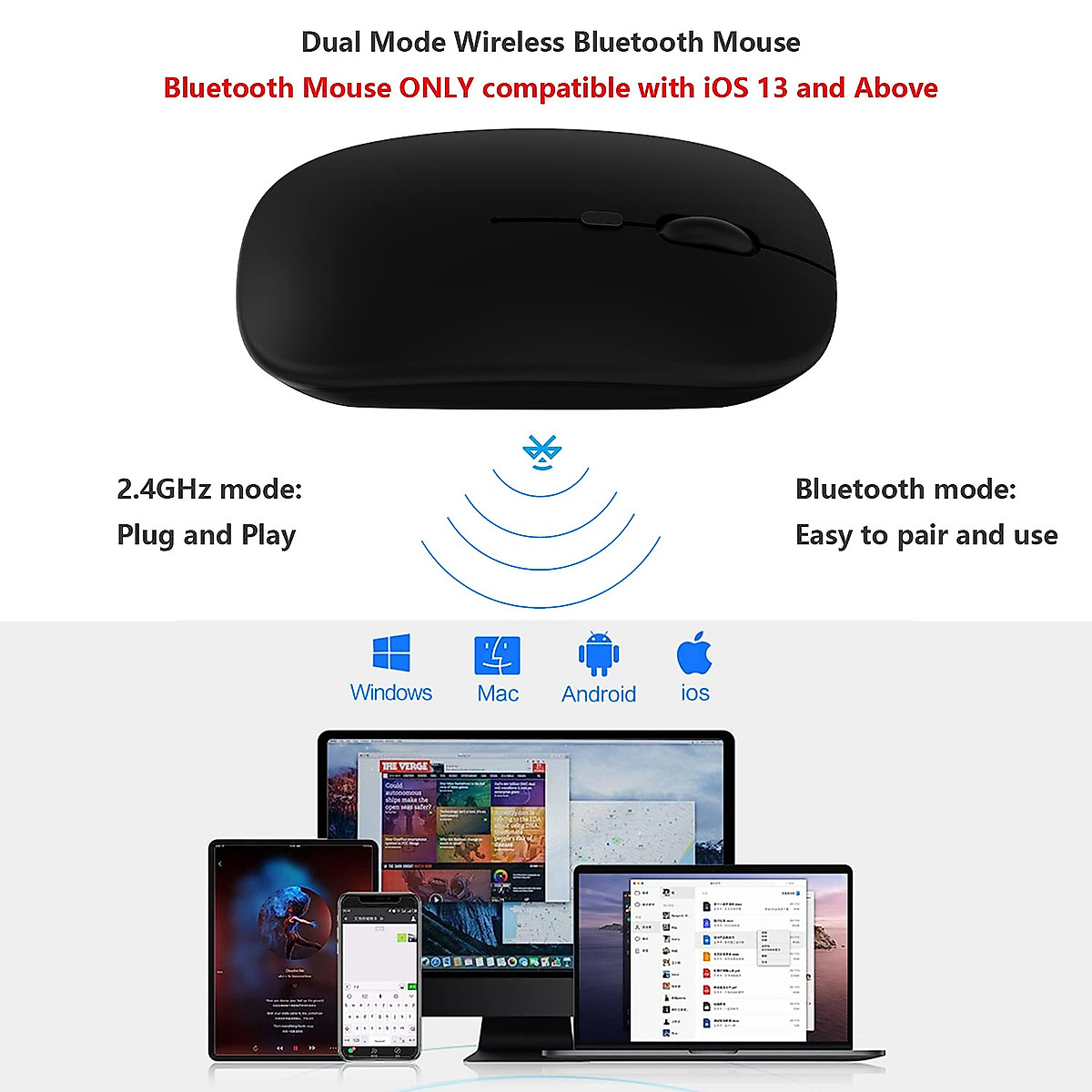 Wireless Bluetooth Mouse for Apple iPad iPhone MacBook Android Samsung Tablet Phone Dual-Mode Rechargeable 2.4G Portable Computer Mice for Windows Laptop Notebook PC Mac Desktop USB Receiver (Black)