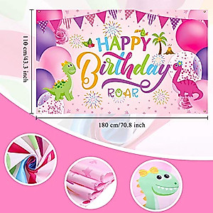 Sumind Dinosaur Happy Birthday Backdrop, Dinosaur Birthday Party Background Boy/Girl Birthday Gaming Banner for Birthday Decoration, Baby Showers and Photo Prop (Pink)