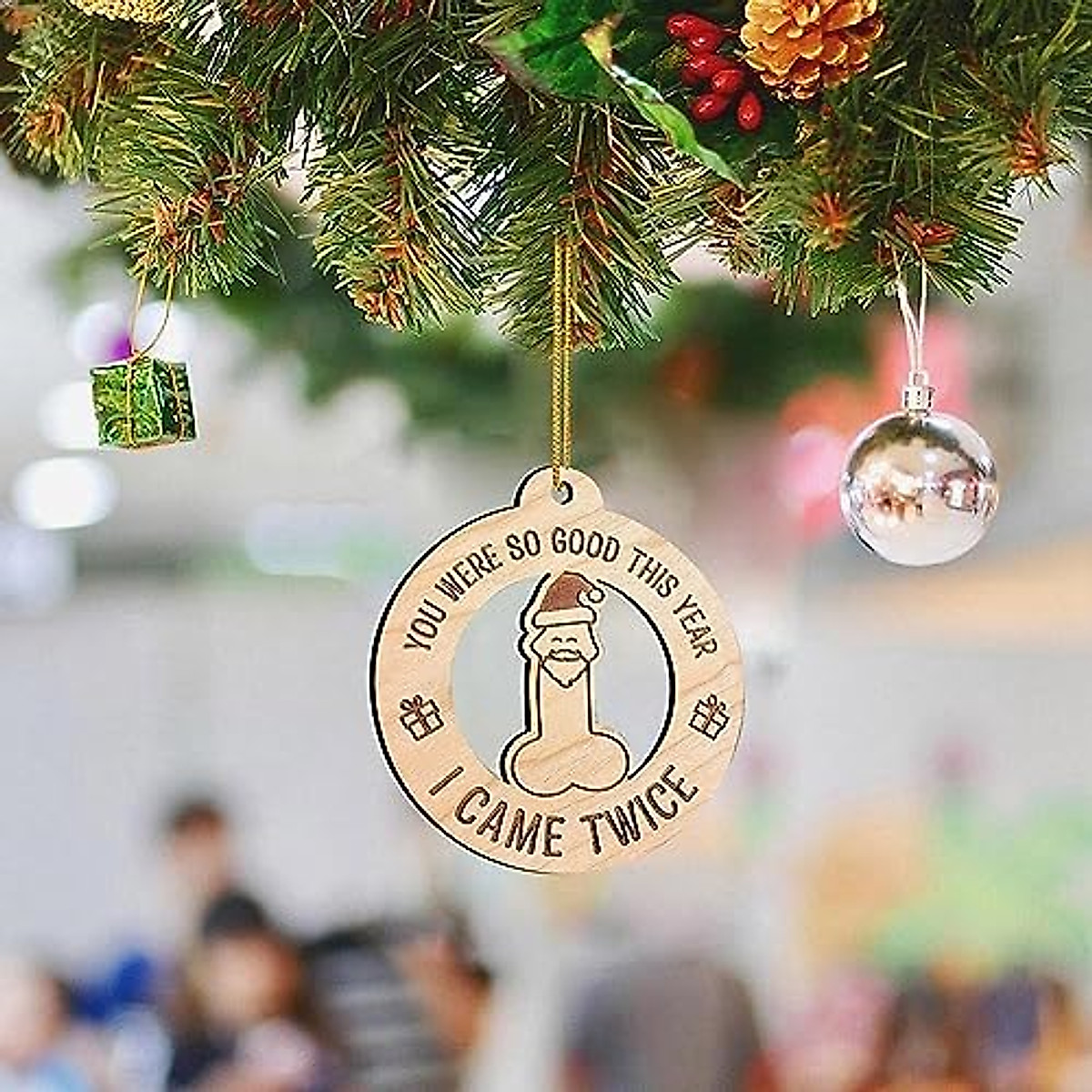 Funny Christmas Ornaments, Funny Wooden Penis Christmas Tree Ornament, Hanging for Car Pendant Mirror, Gag Rearview Gift for