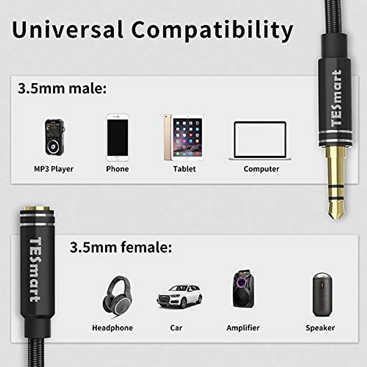 TESmart Headphones Extension Cable 3.5mm 10ft, Male to Female Stereo Audio Extension Adapter, Nylon Braided AUX Extension Cord Compatible with Phones, iPad, Speakers, Tablets, PCs, MP3 Players.